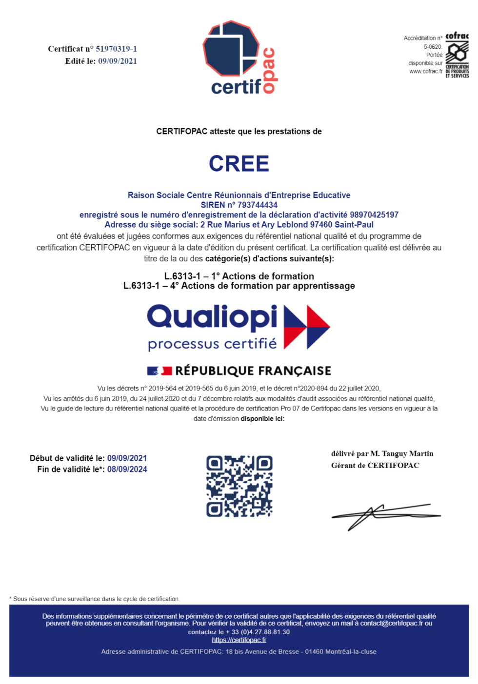 VERIFICATION DE CERTIFICAT QUALIOPI - CERTIFOPAC - CREE REUNION